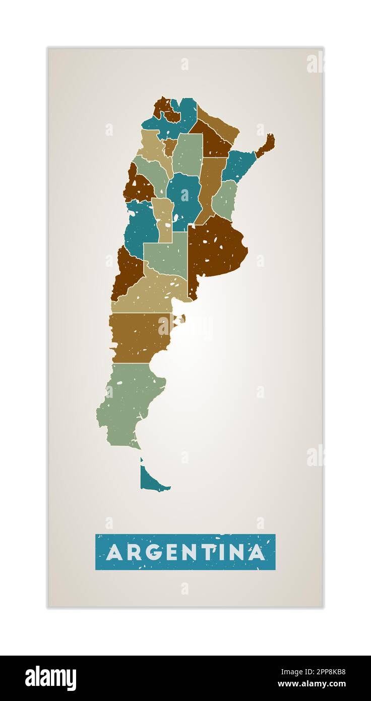 Argentina map. Country poster with regions. Old grunge texture. Shape ...