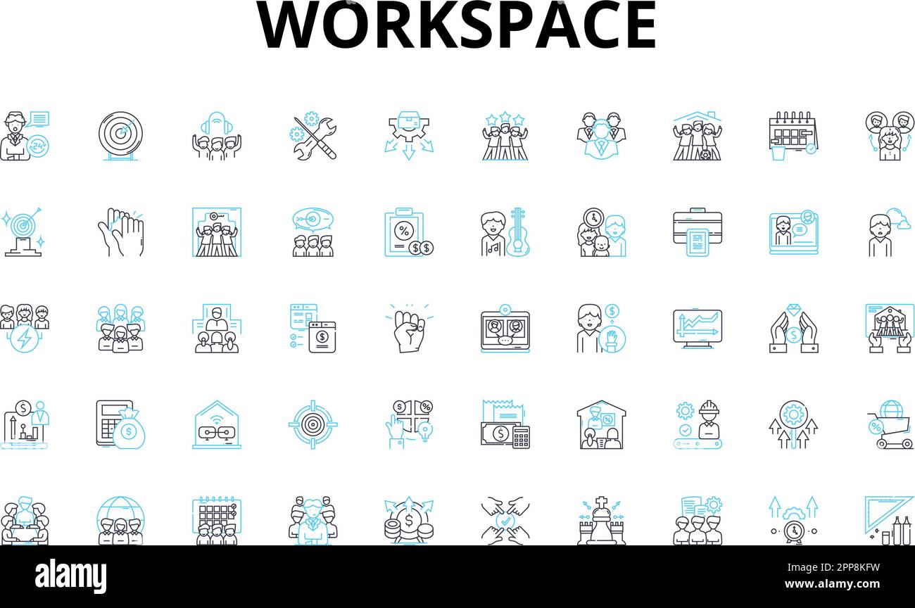 Workspace Linear Icons Set Desk Office Cubicle Laptop Files Chair Productivity Vector
