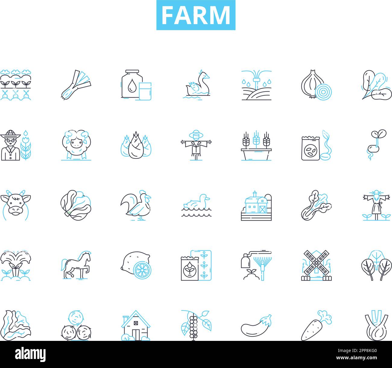 Farm linear icons set. Harvest, Livestock, Plow, Crops, Hay, Seeds ...