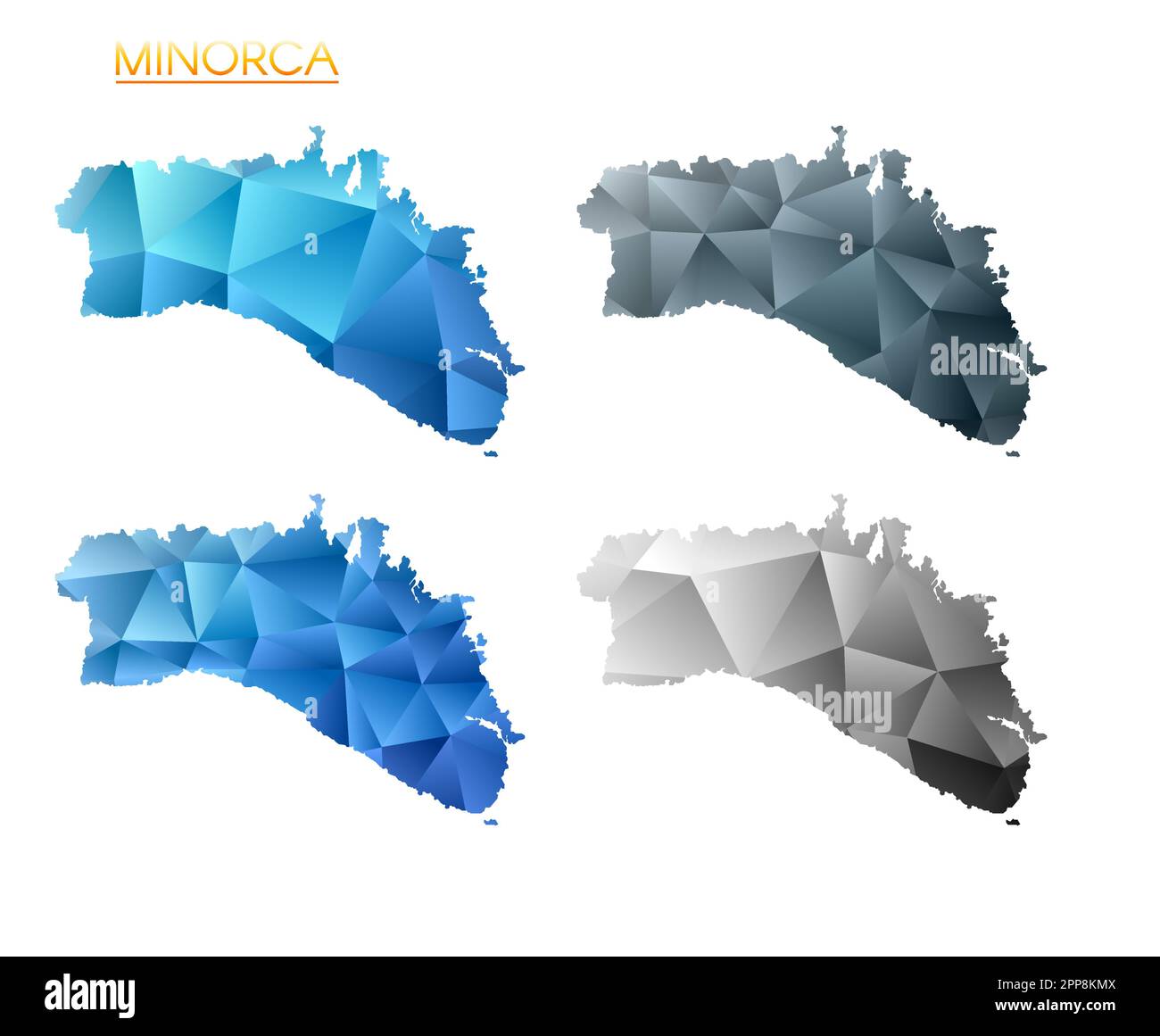 Set of vector polygonal maps of Minorca. Bright gradient map of island ...