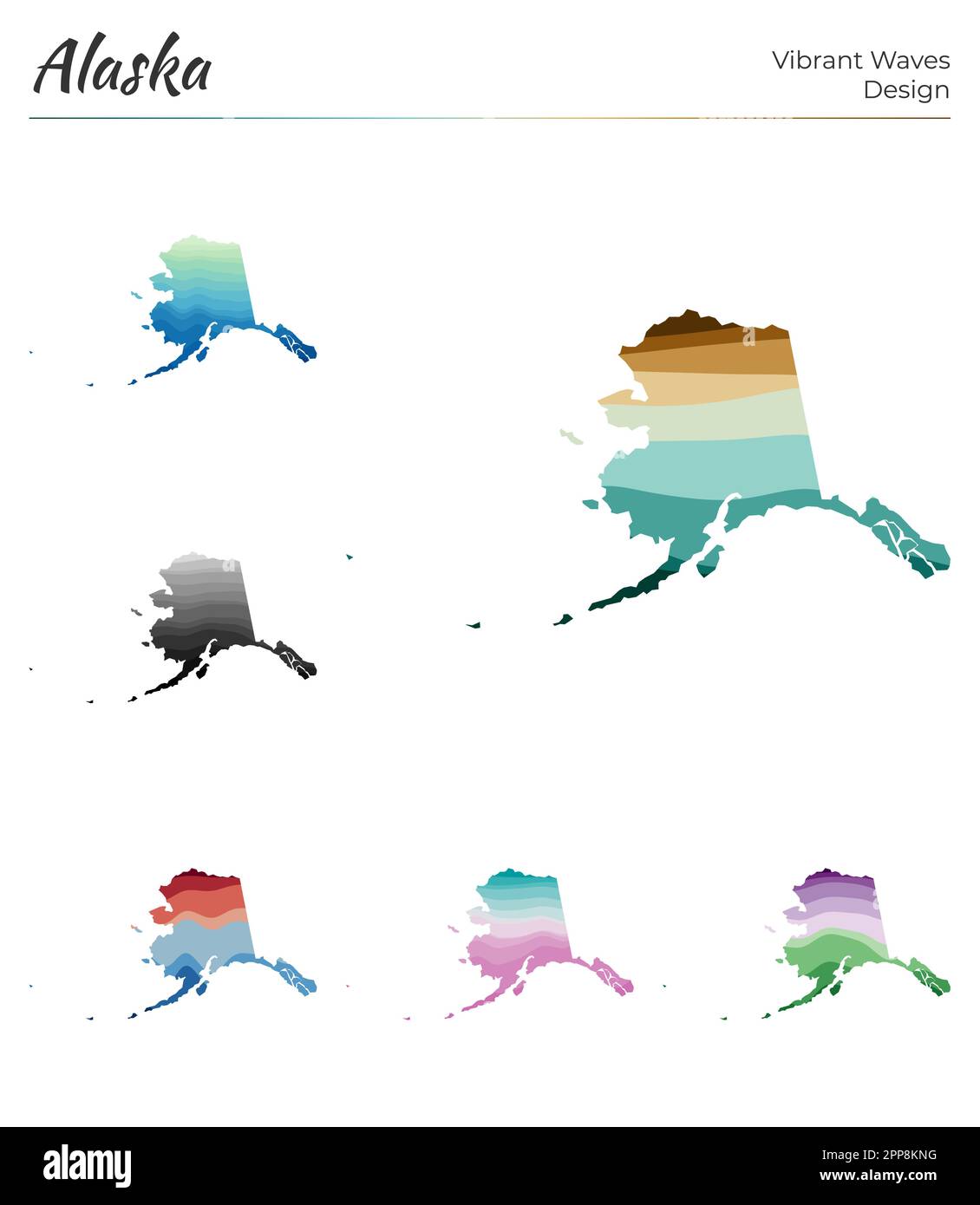 Set of vector maps of Alaska. Vibrant waves design. Bright map of US ...