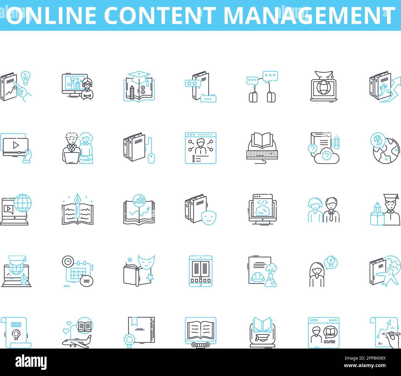 Online content management linear icons set. Publishing, Editing ...