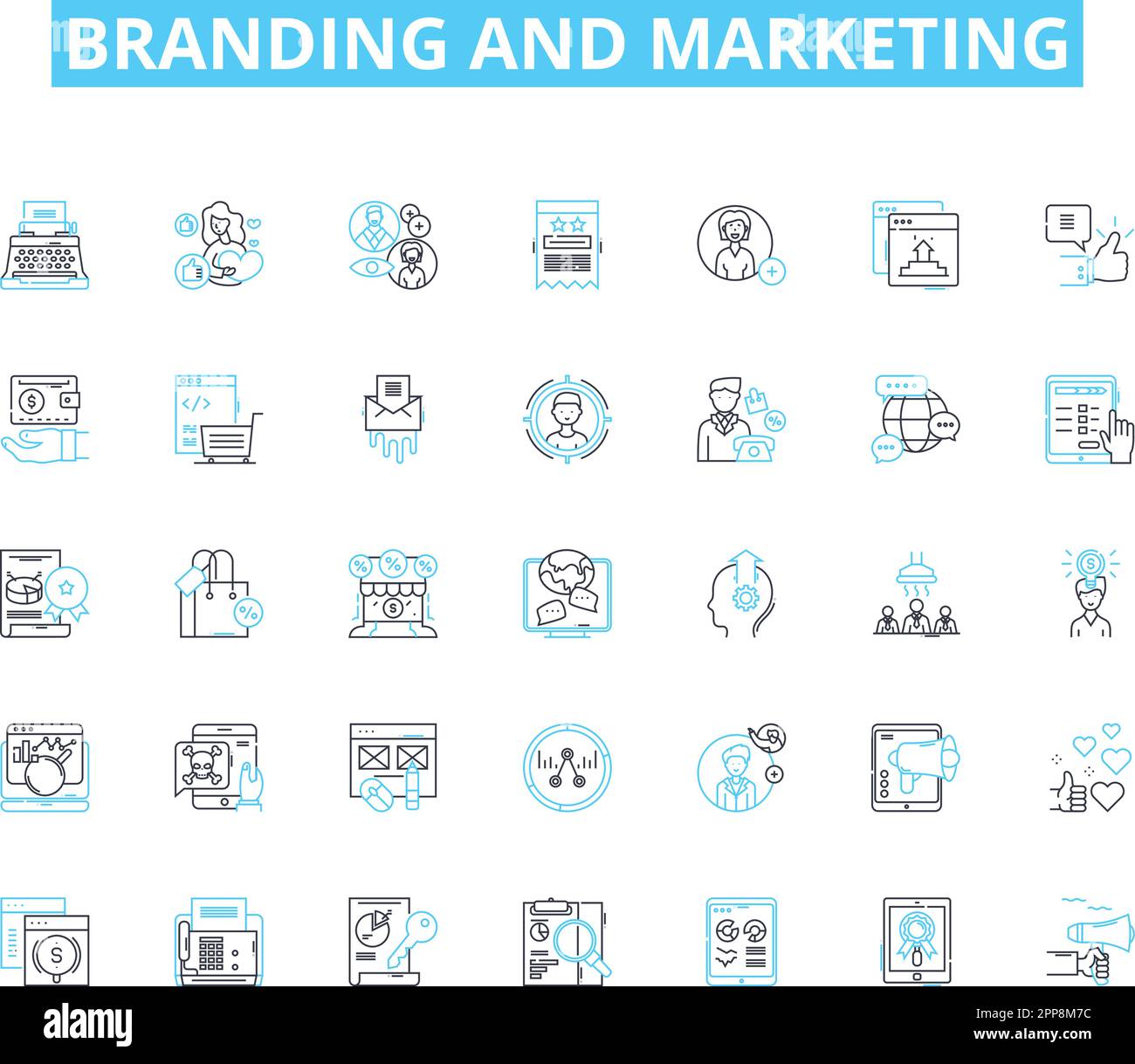 Branding and marketing linear icons set. Identity, Perception, Logo, Advertising, Positioning ...