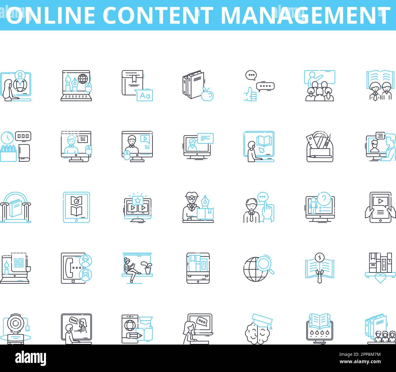 Online content management linear icons set. Publishing, Editing ...