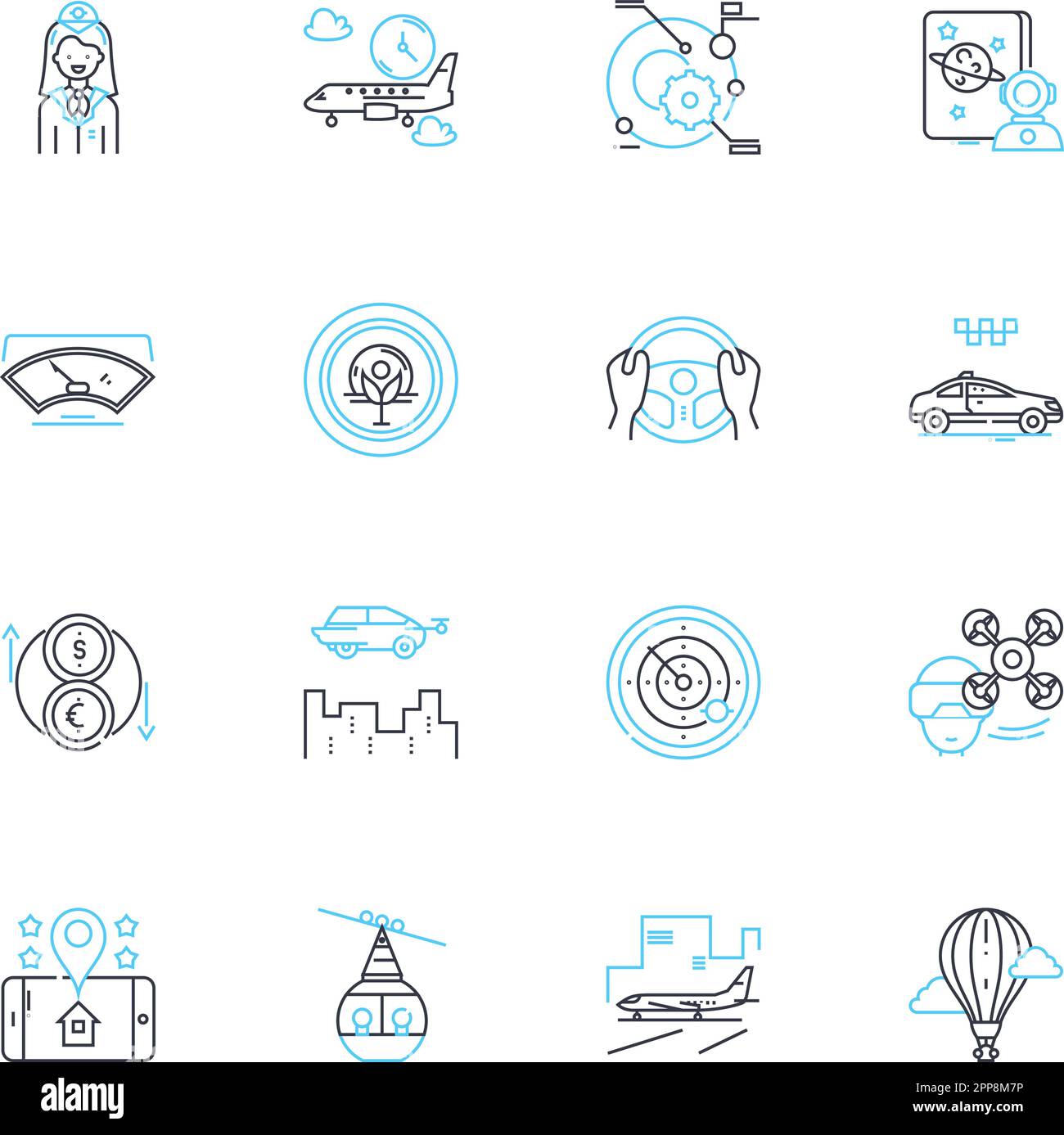 Flight linear icons set. Takeoff, Landing, Pilots, Passengers, Airline, Planes, Sky line vector ...