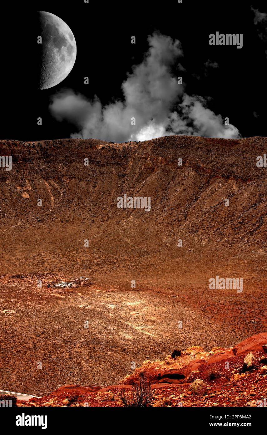 Meteor crater in Arizona with moon in background Stock Photo - Alamy