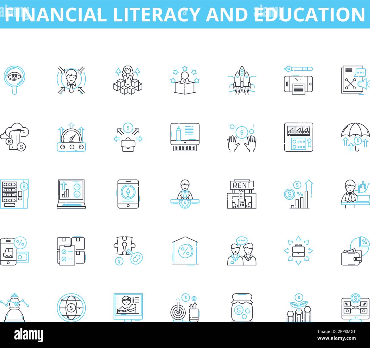 Financial literacy and education linear icons set. Budgeting, Saving ...