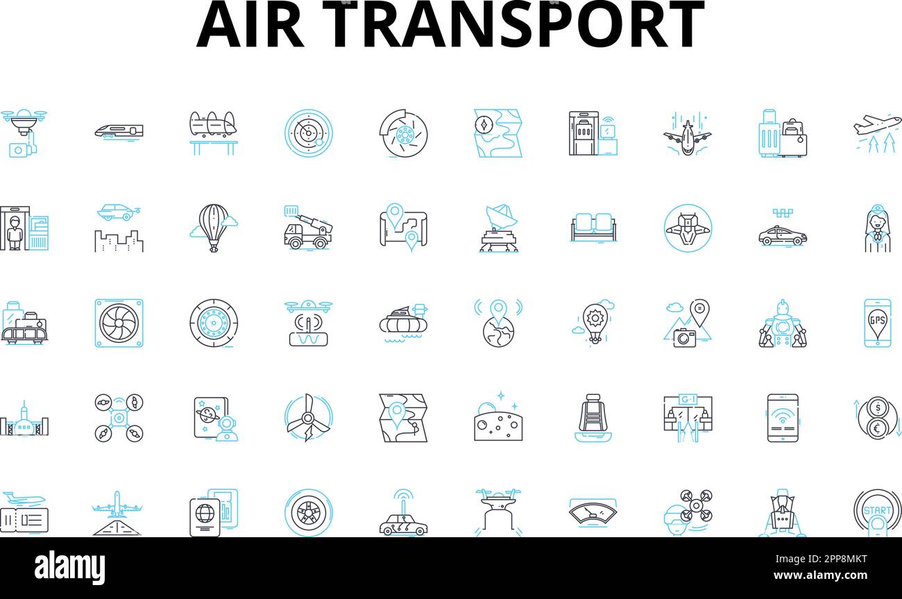 Air transport linear icons set. Flight, Plane, Jet, Helicopter, Airport, Runway, Takeoff vector ...