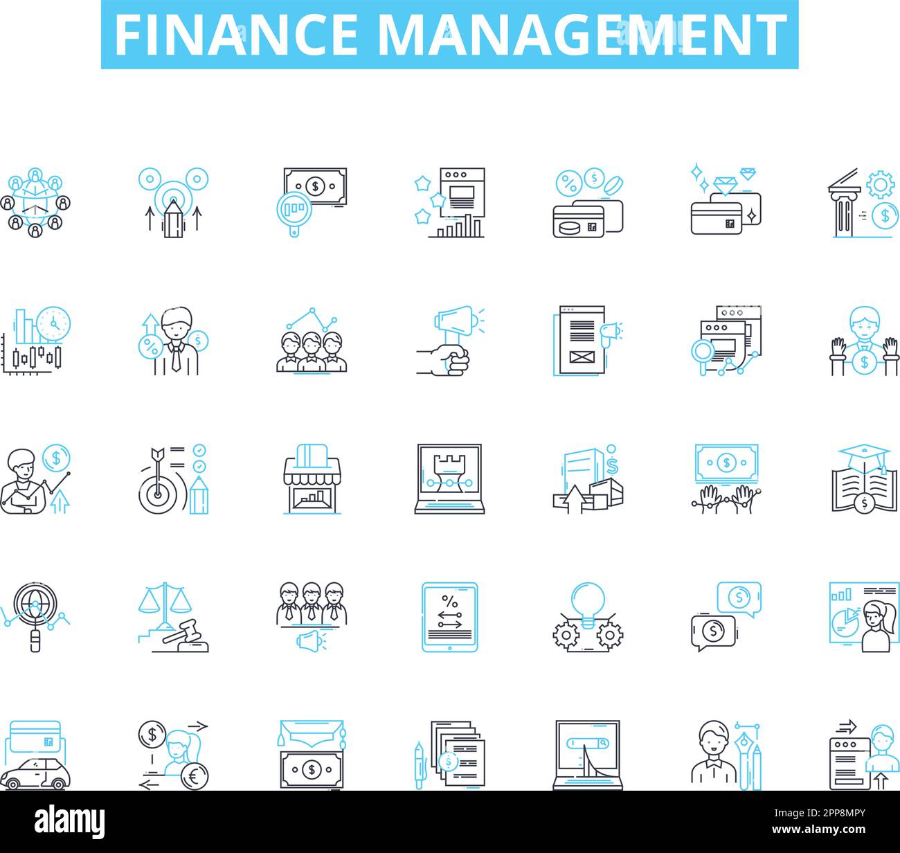 Finance management linear icons set. Budgeting, Accounting, Investments, Income, Expenses ...