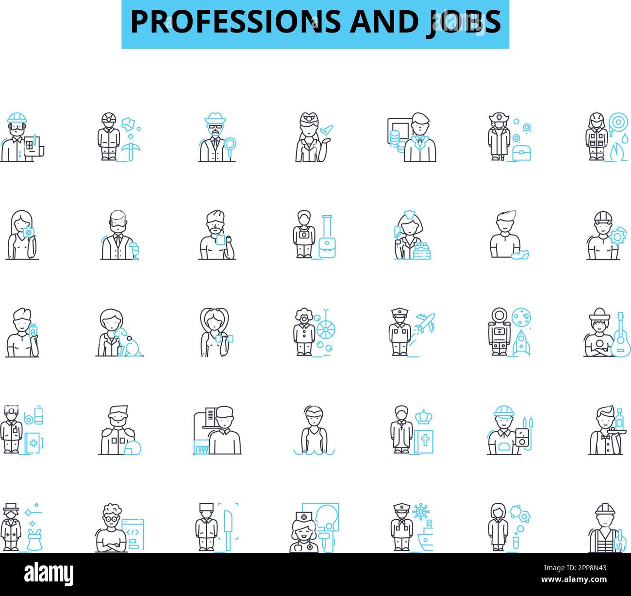 Professions and jobs linear icons set. Engineer, Architect, Doctor, Lawyer, Teacher ...