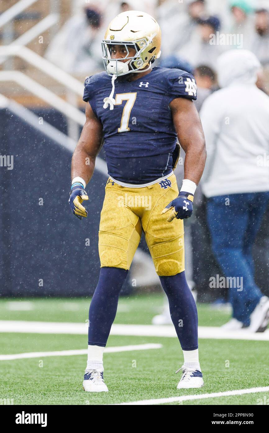 South Bend, Indiana, USA. 22nd Apr, 2023. Notre Dame running back ...