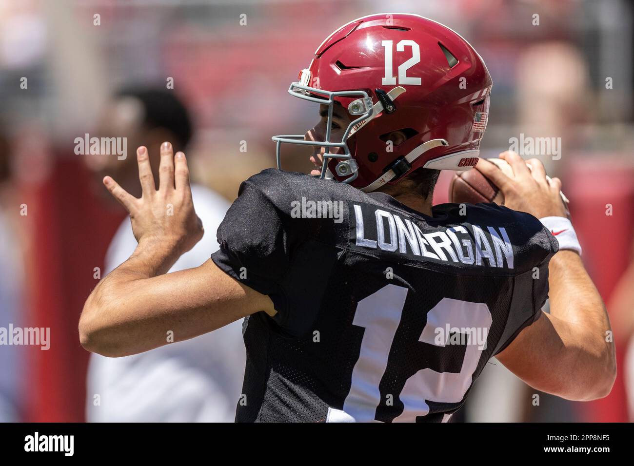 Alabama quarterback Dylan Lonergan (12) warms up before Alabama's A-Day ...