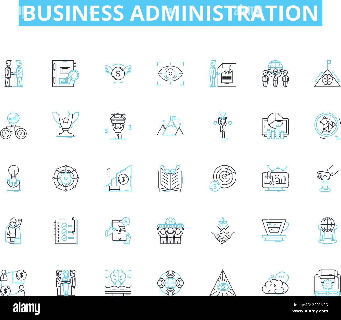 Business administration linear icons set. Management, Leadership, Strategy, Organization ...