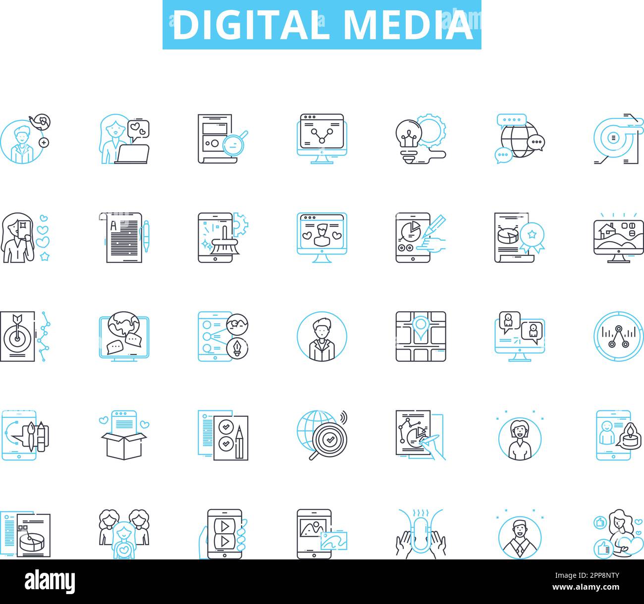 Digital media linear icons set. Social, Content, Marketing, Multimedia, Viral, Engagement ...