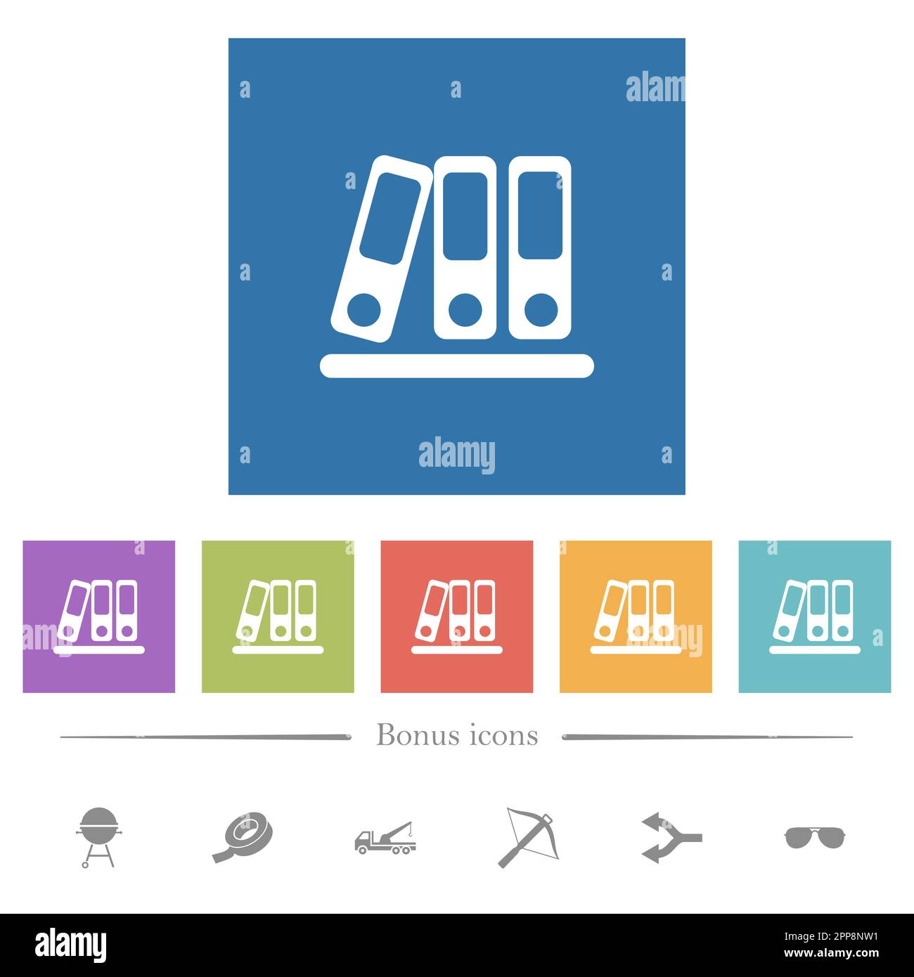 Office binders flat white icons in square backgrounds. 6 bonus icons ...