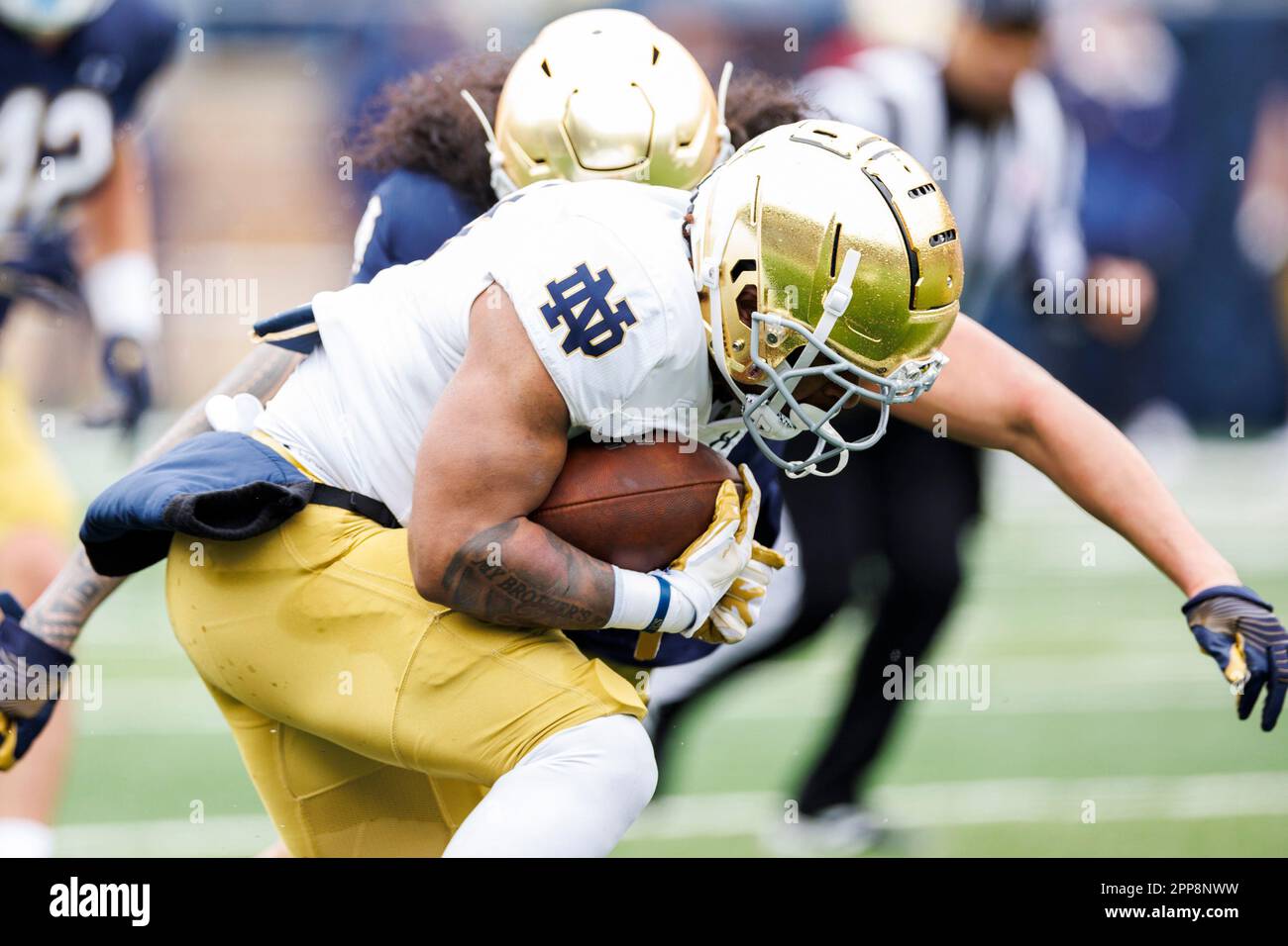 South Bend, Indiana, USA. 22nd Apr, 2023. Notre Dame running back Gi ...