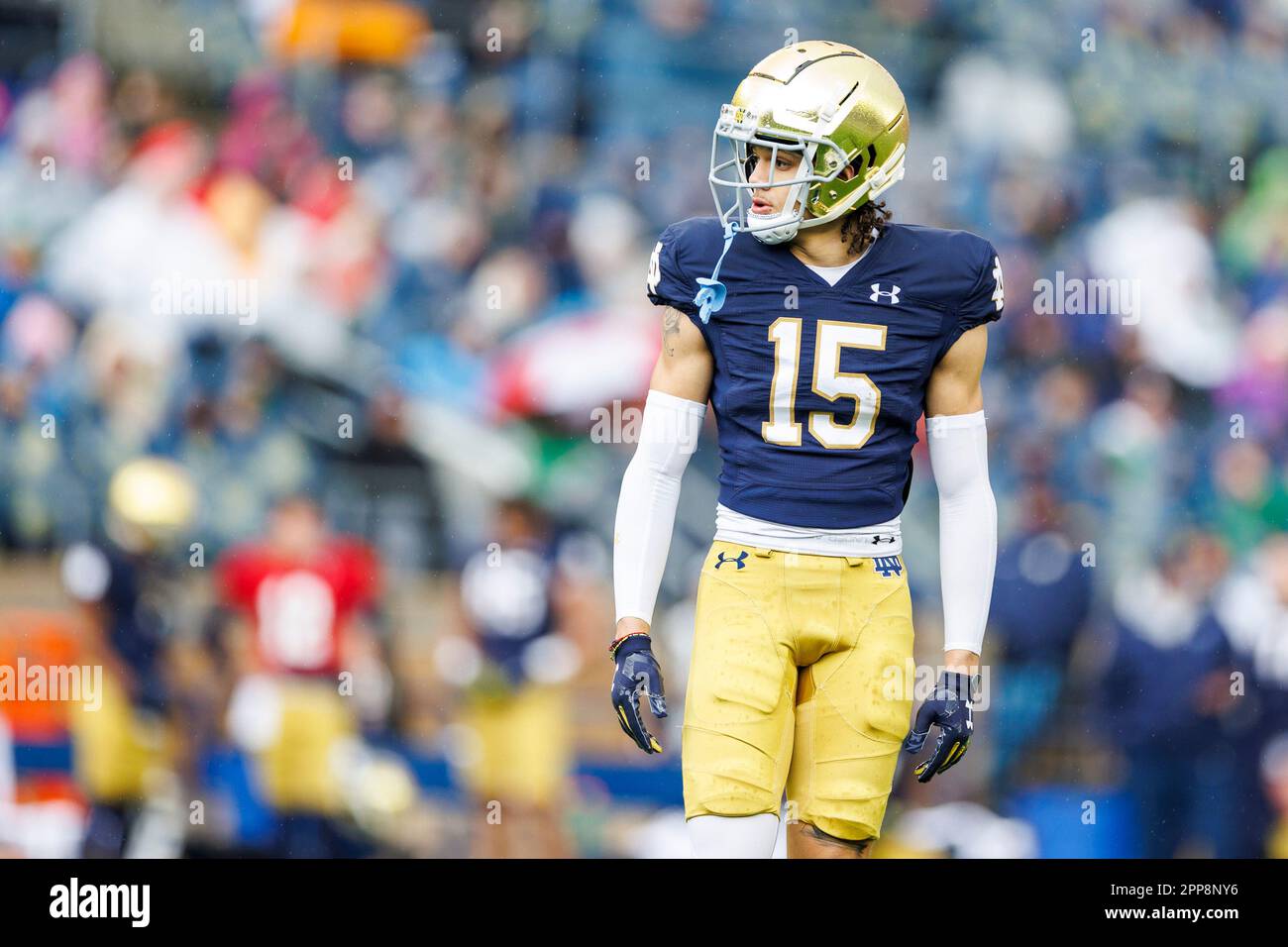 South Bend, Indiana, USA. 22nd Apr, 2023. Notre Dame defensive back ...
