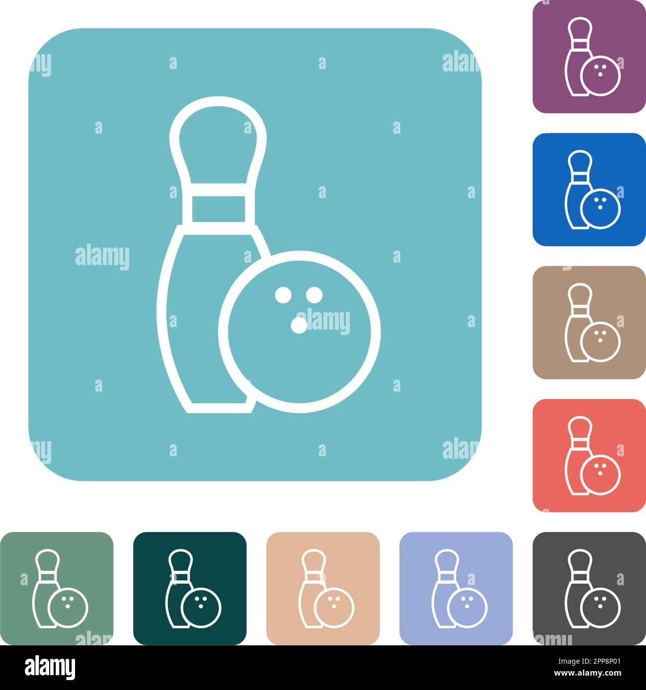Bowling pin and ball outline white flat icons on color rounded square ...