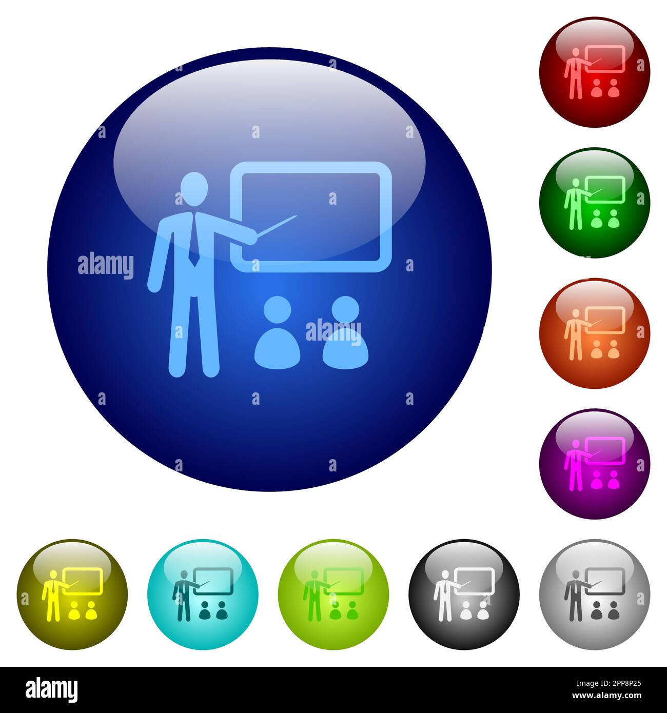 Training with students icons on round glass buttons in multiple colors. Arranged layer structure ...
