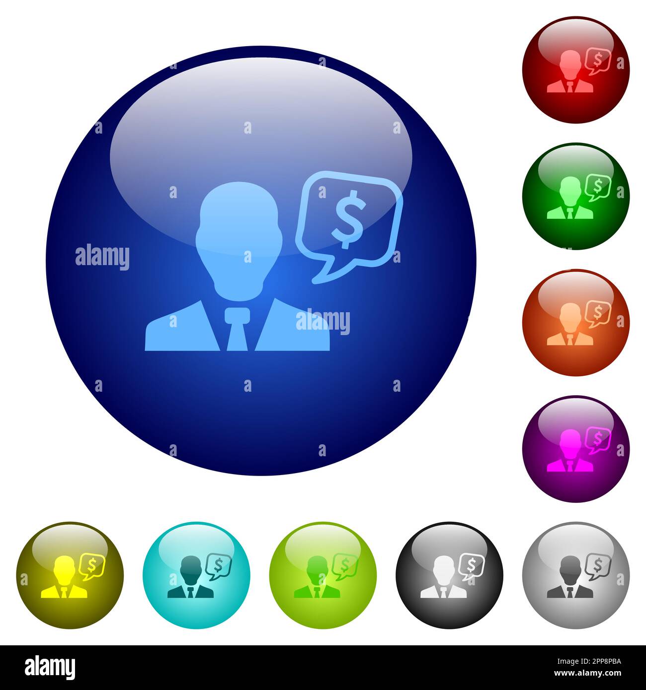 Dollar financial advisor icons on round glass buttons in multiple ...