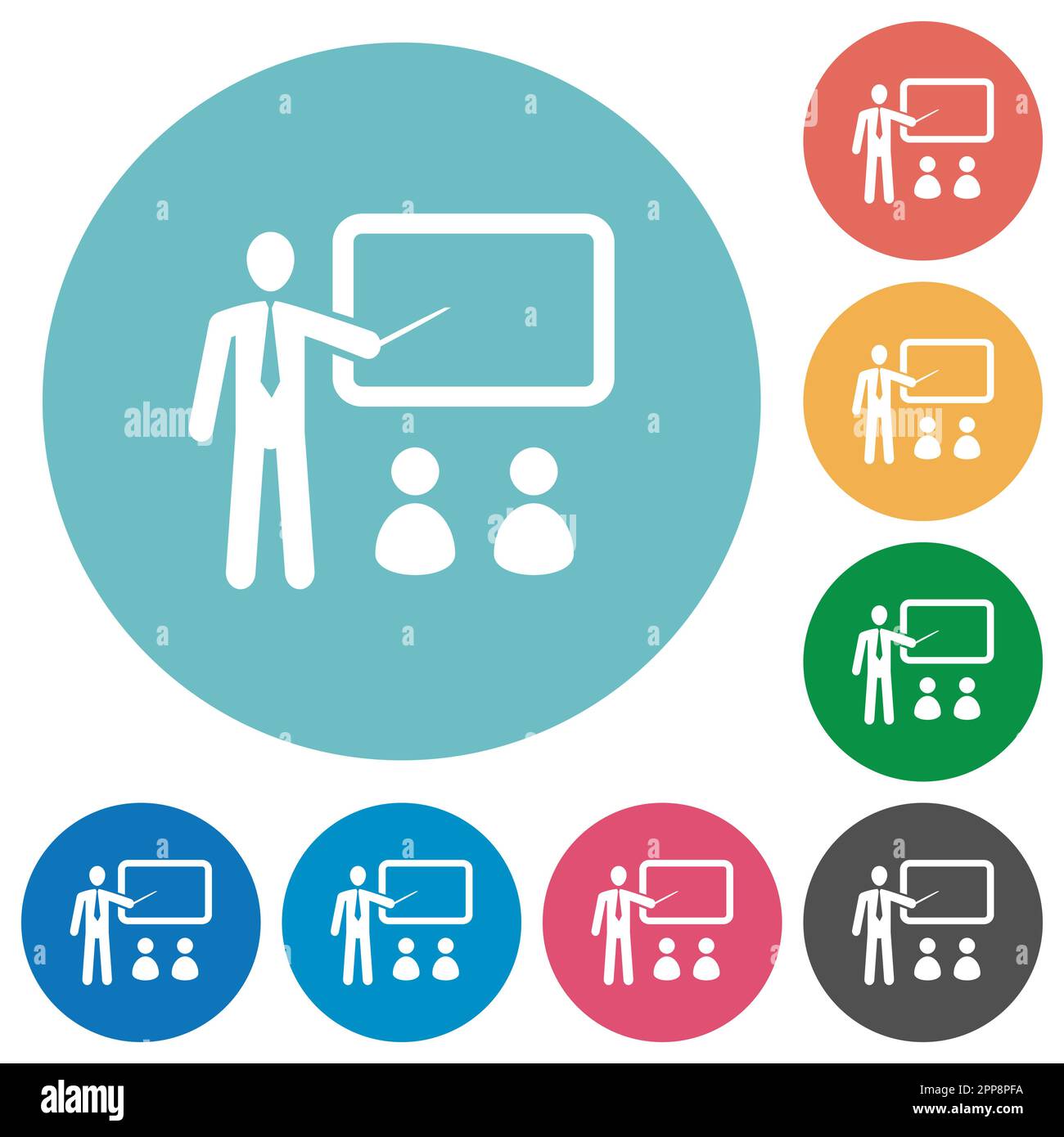 Training with students flat white icons on round color backgrounds ...