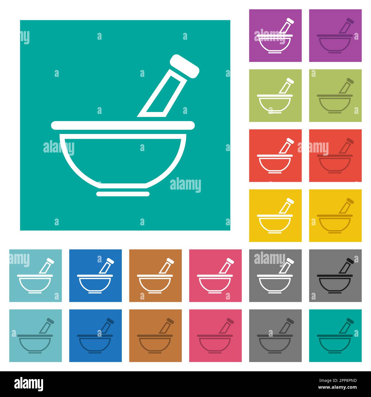 Mortar and pestle outline multi colored flat icons on plain square ...