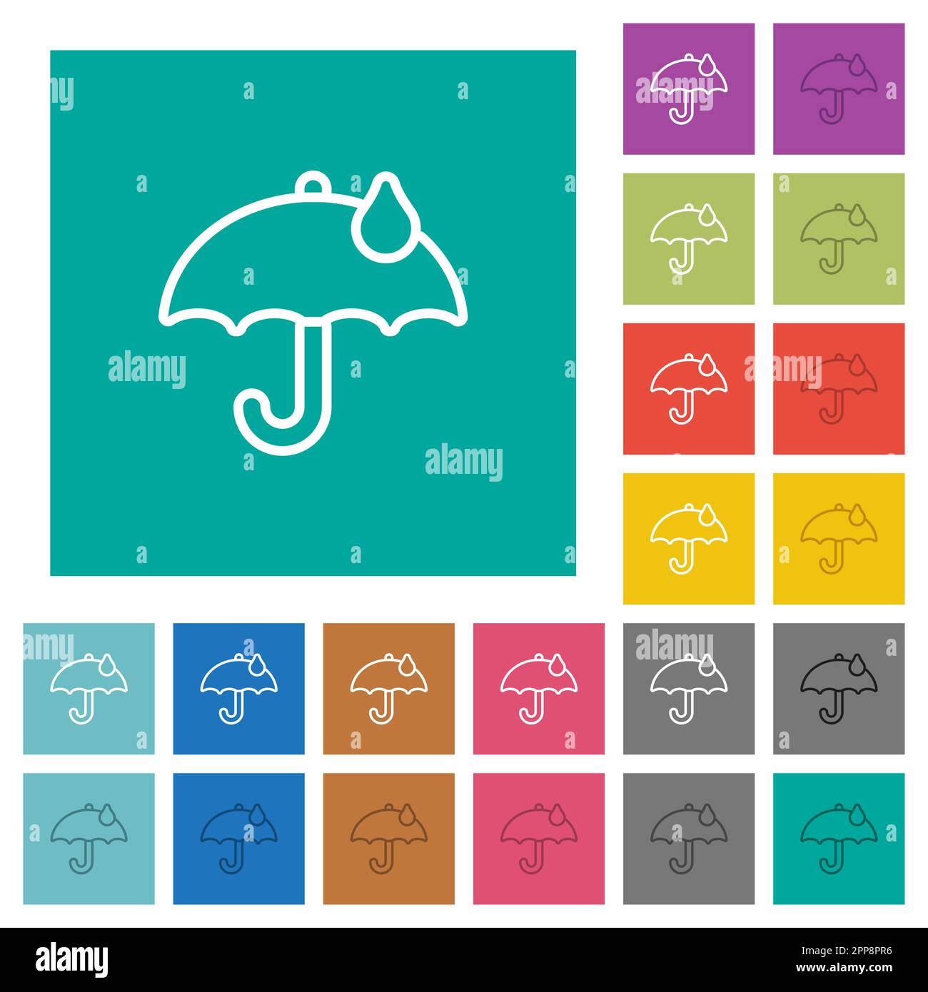 Umbrella with single raindrop outline multi colored flat icons on plain square backgrounds ...