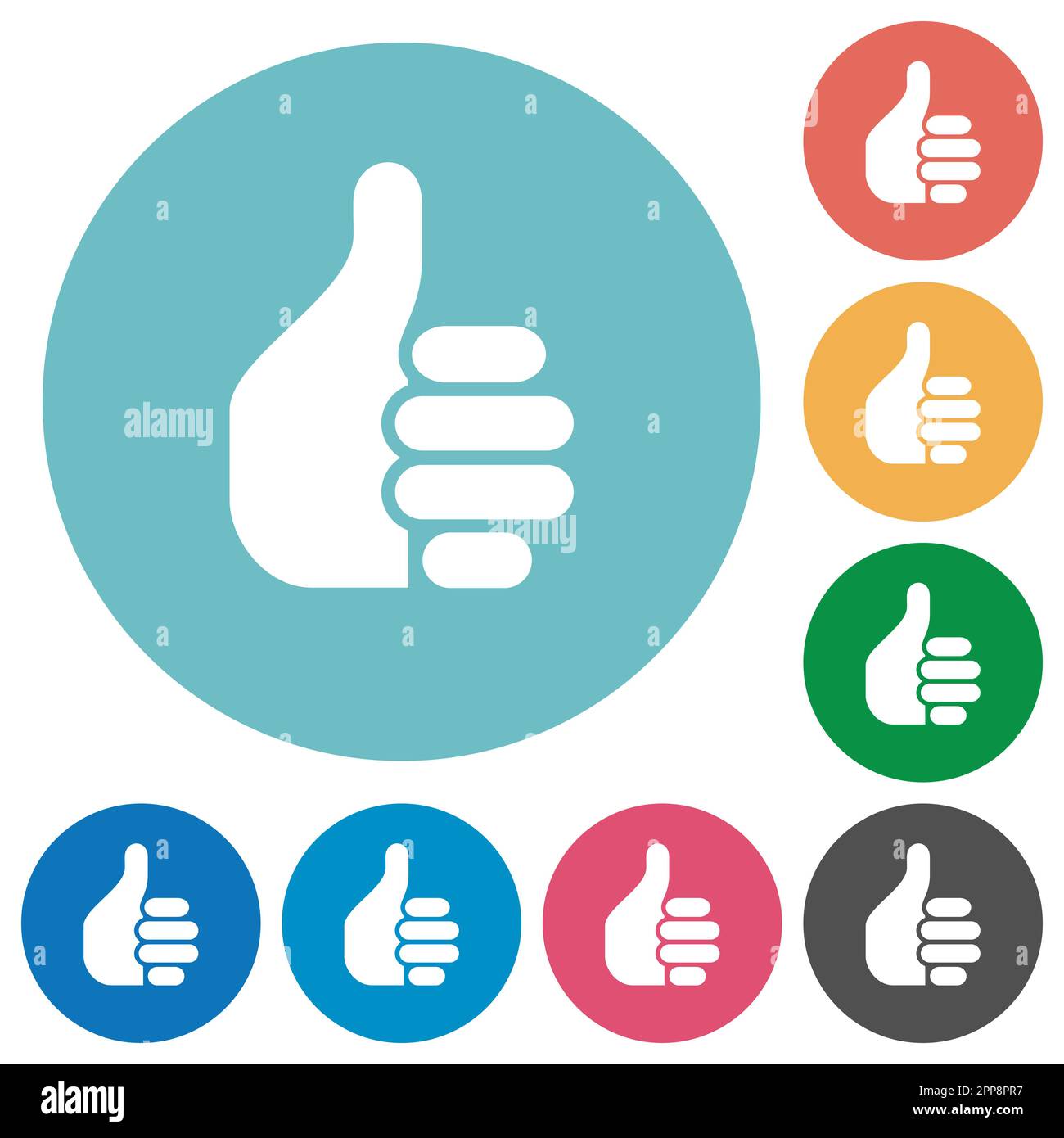 Left handed thumbs up solid flat white icons on round color backgrounds ...