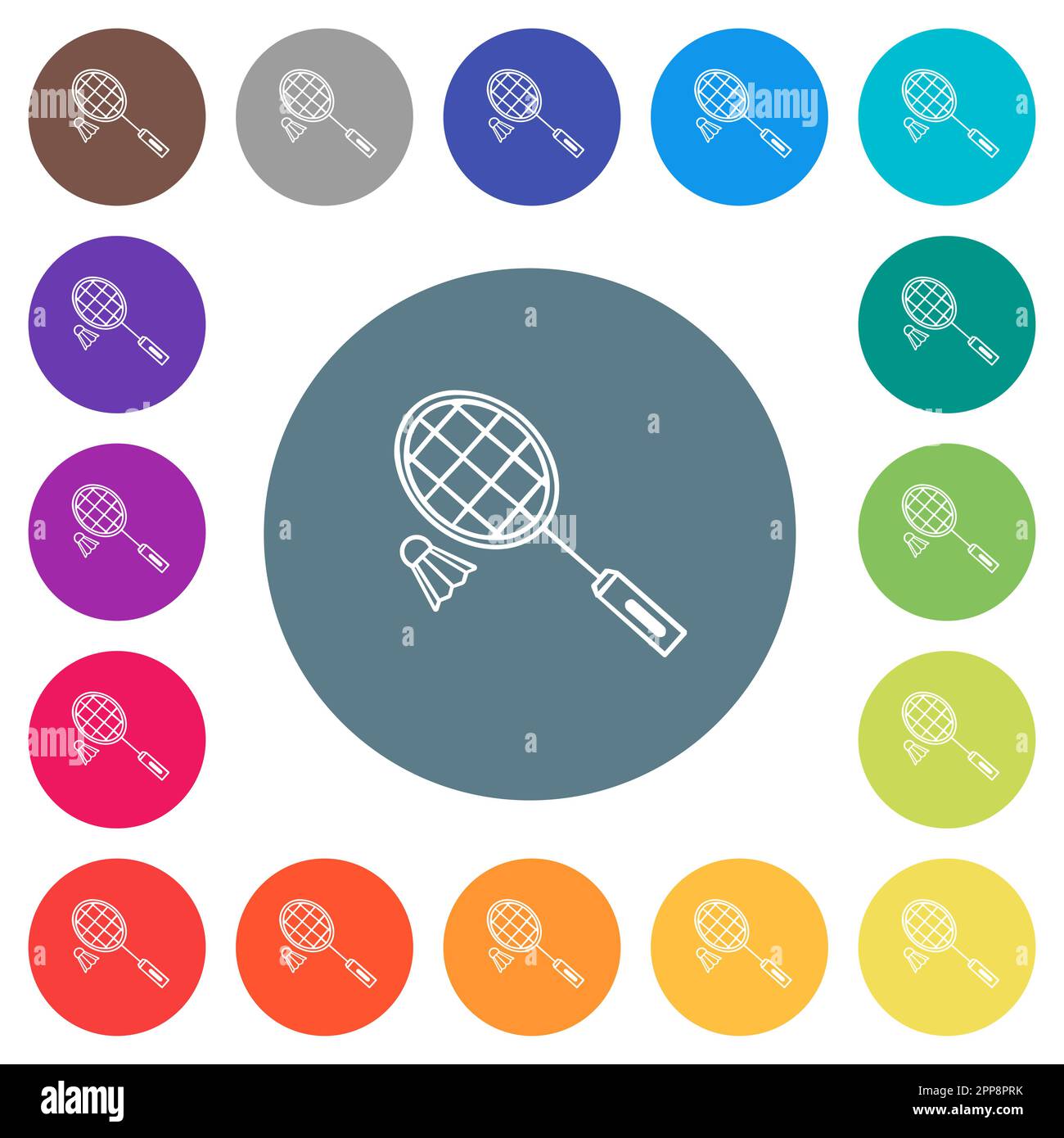 Badminton racket and shuttlecock outline flat white icons on round ...