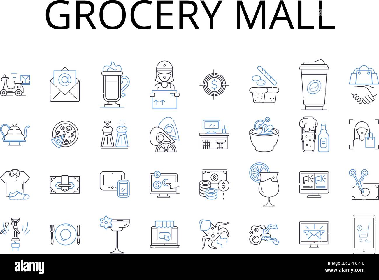 Grocery mall line icons collection. Supermarket, Grocery store, Convenience store, Market ...