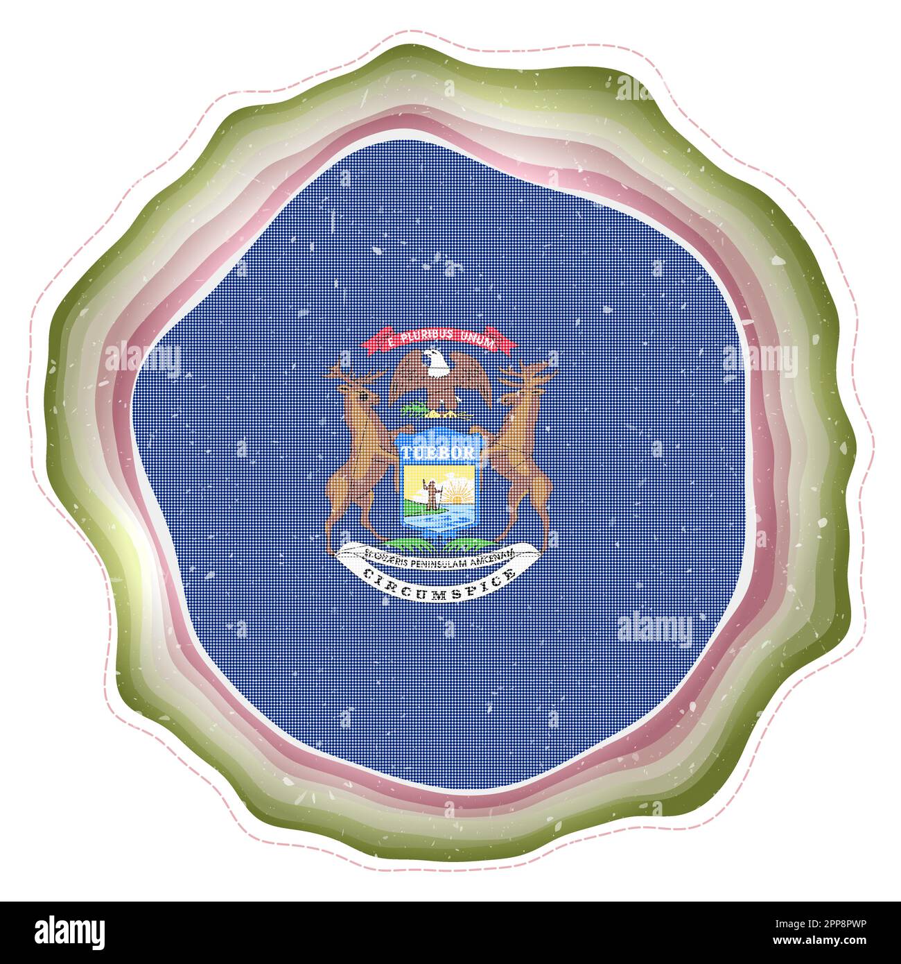 Michigan flag in frame. Badge of the US state. Layered circular sign around Michigan flag ...