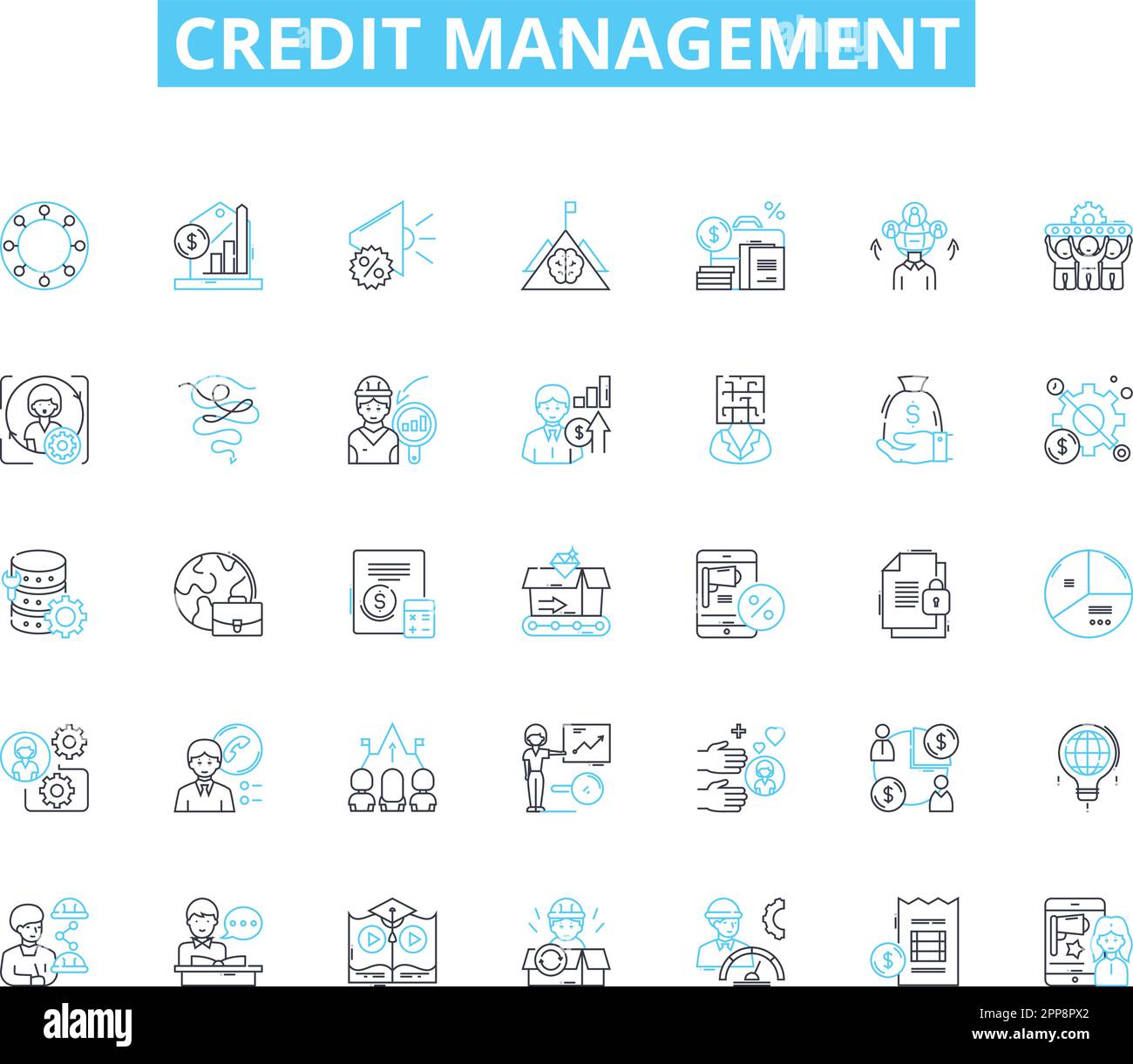 Credit management linear icons set. Budgeting, Debt, Score, Reports, Risk, Monitoring, Payments ...