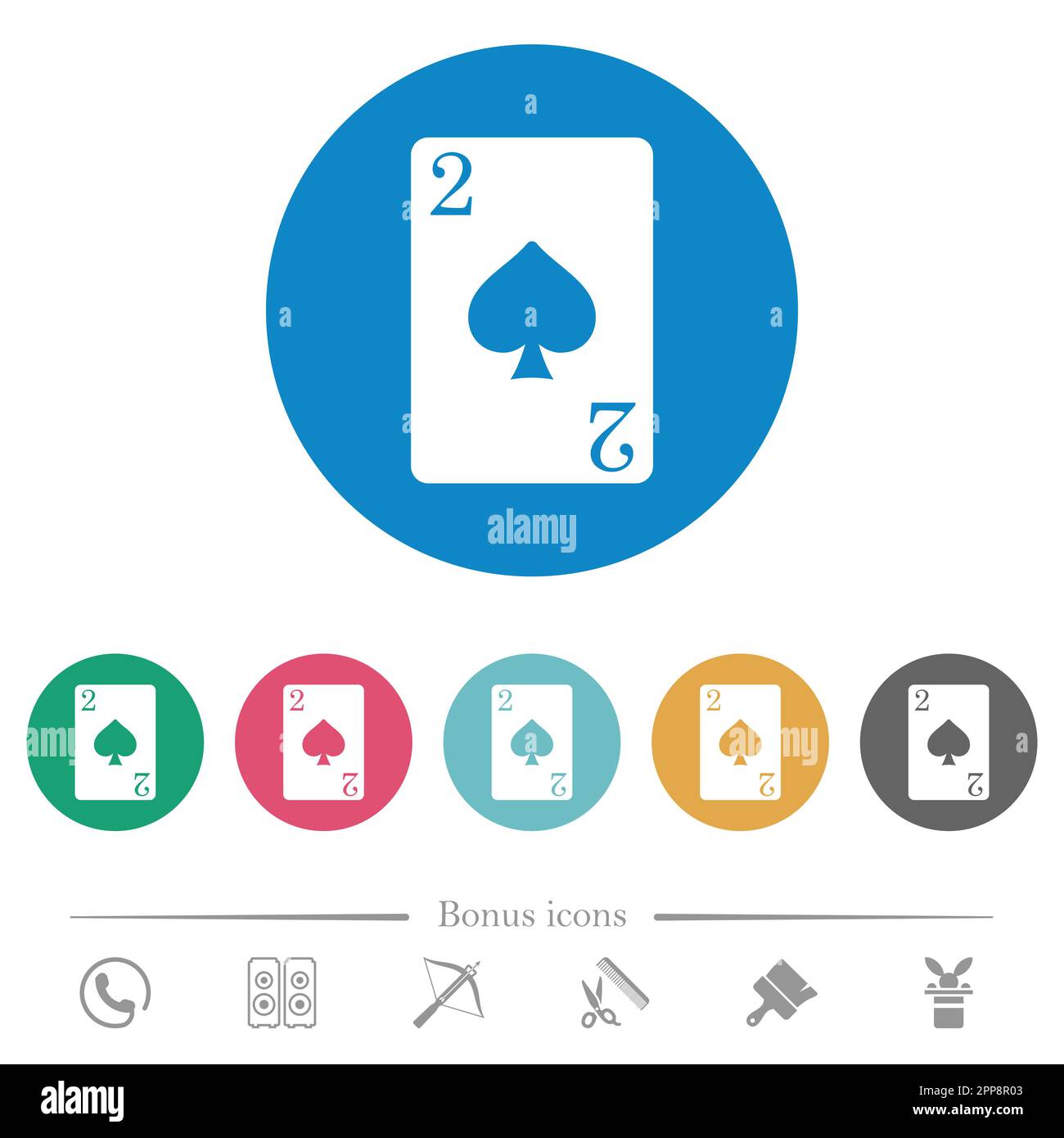 Two of spades card flat white icons on round color backgrounds. 6 bonus icons included Stock ...