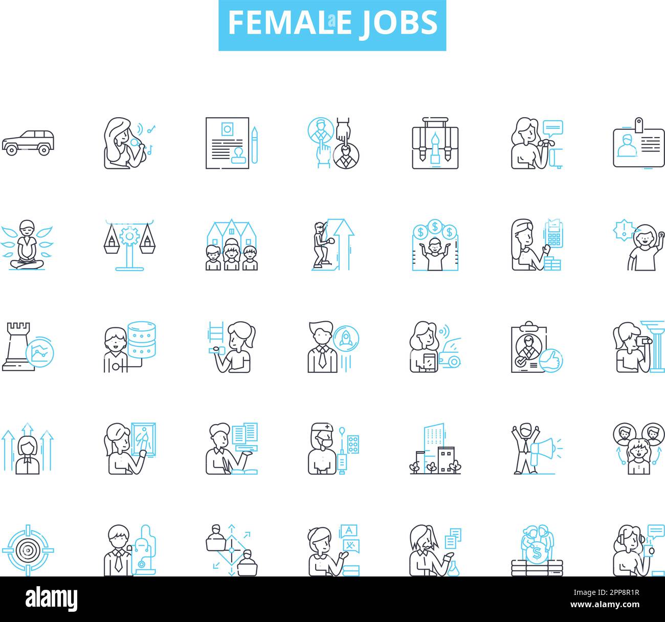 Female jobs linear icons set. Nurse, Teacher, Engineer, Entrepreneur ...