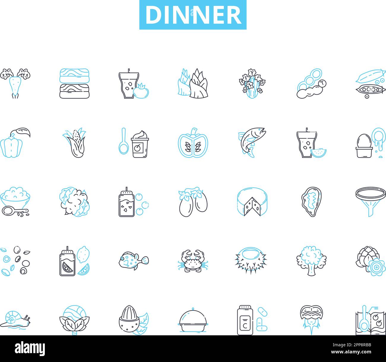 Dinner linear icons set. Feast, Plate, Meal, Dine, Cuisine, Supper, Eat ...