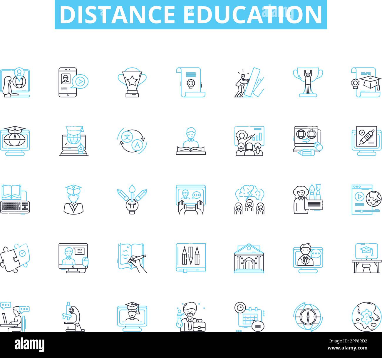 Distance education linear icons set. E-learning, Online, Digital ...