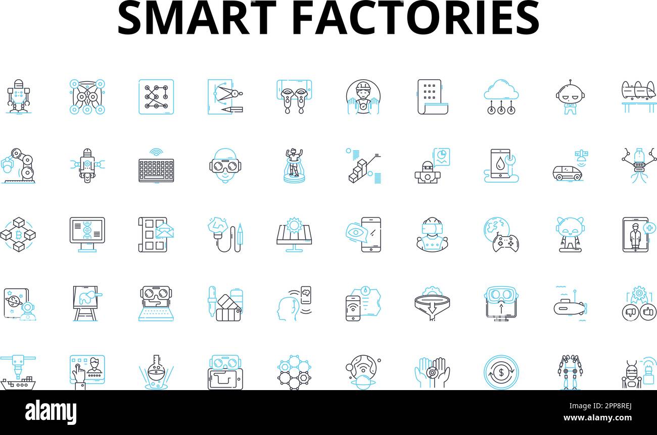 Smart factories linear icons set. Automation, Robotics, Efficiency ...