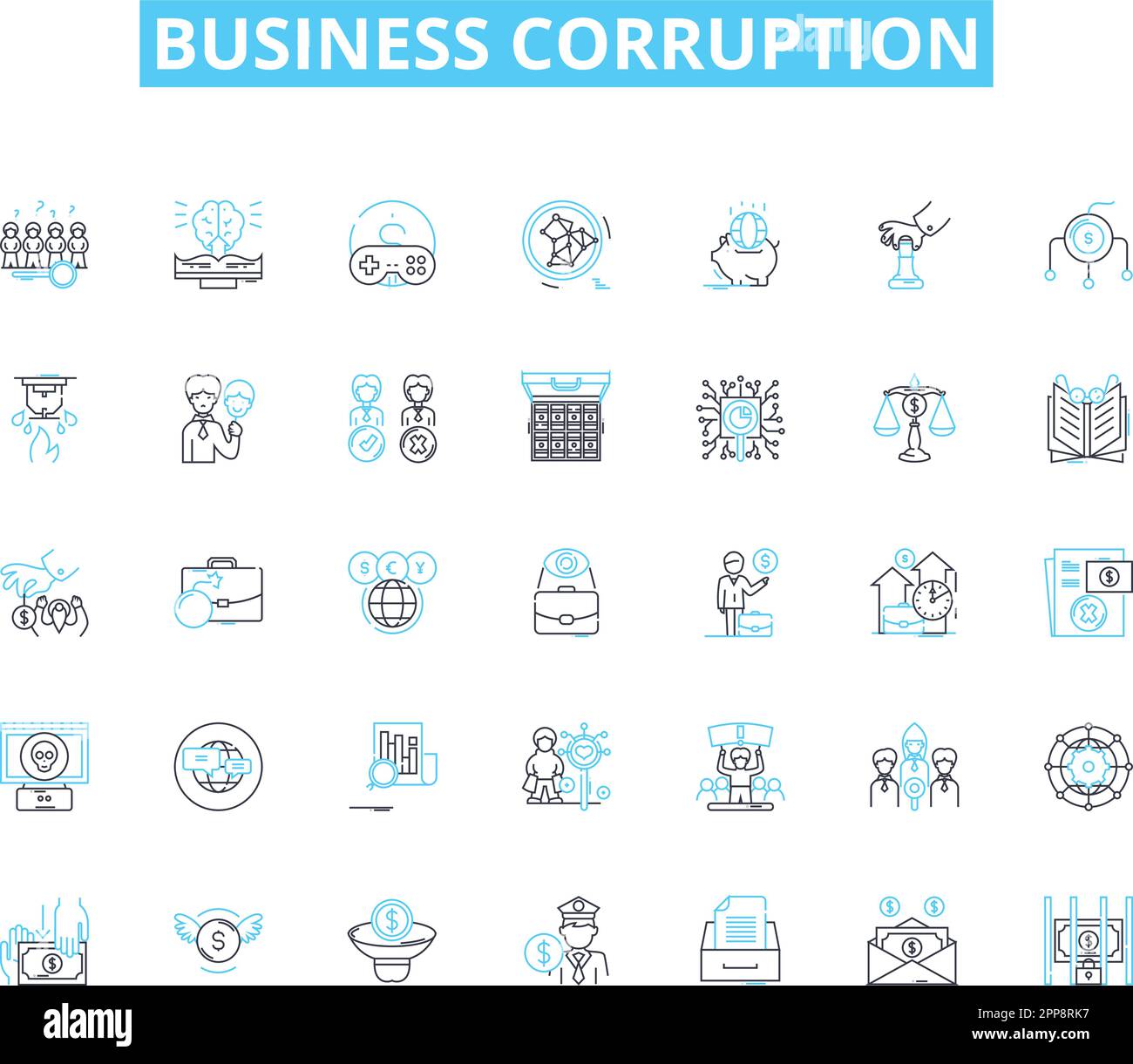 Business corruption linear icons set. Bribery, Embezzlement, Fraud, Scandal, Manipulation ...