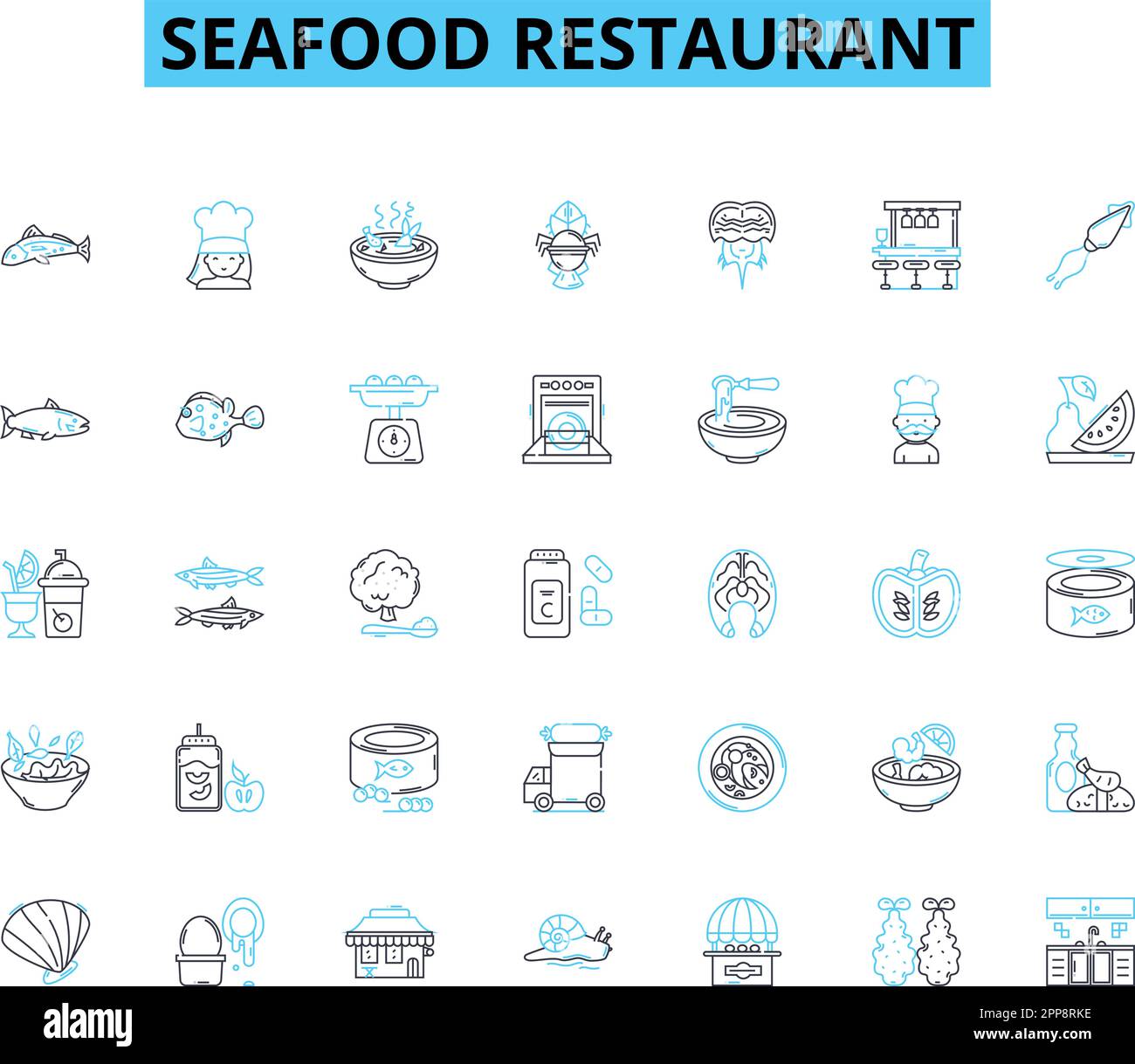 Seafood restaurant linear icons set. Oceanic, Nautical, Marina, Catch ...