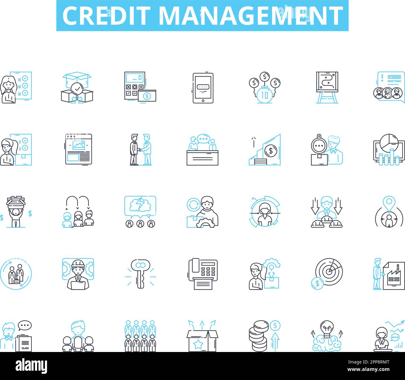 Credit management linear icons set. Budgeting, Debt, Score, Reports, Risk, Monitoring, Payments ...