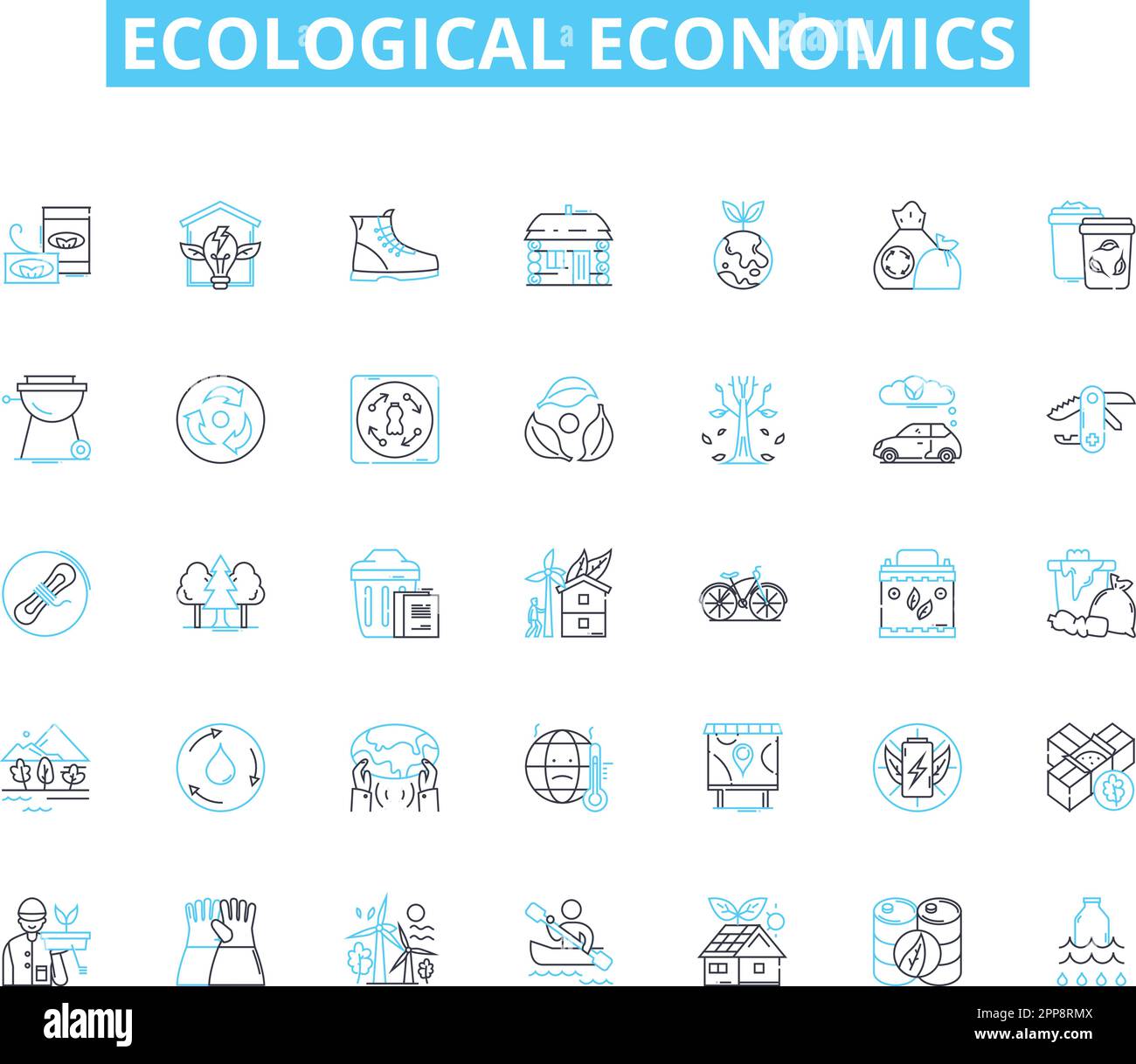 Ecological economics linear icons set. Sustainability, Environment, Economy, Resources, Climate ...
