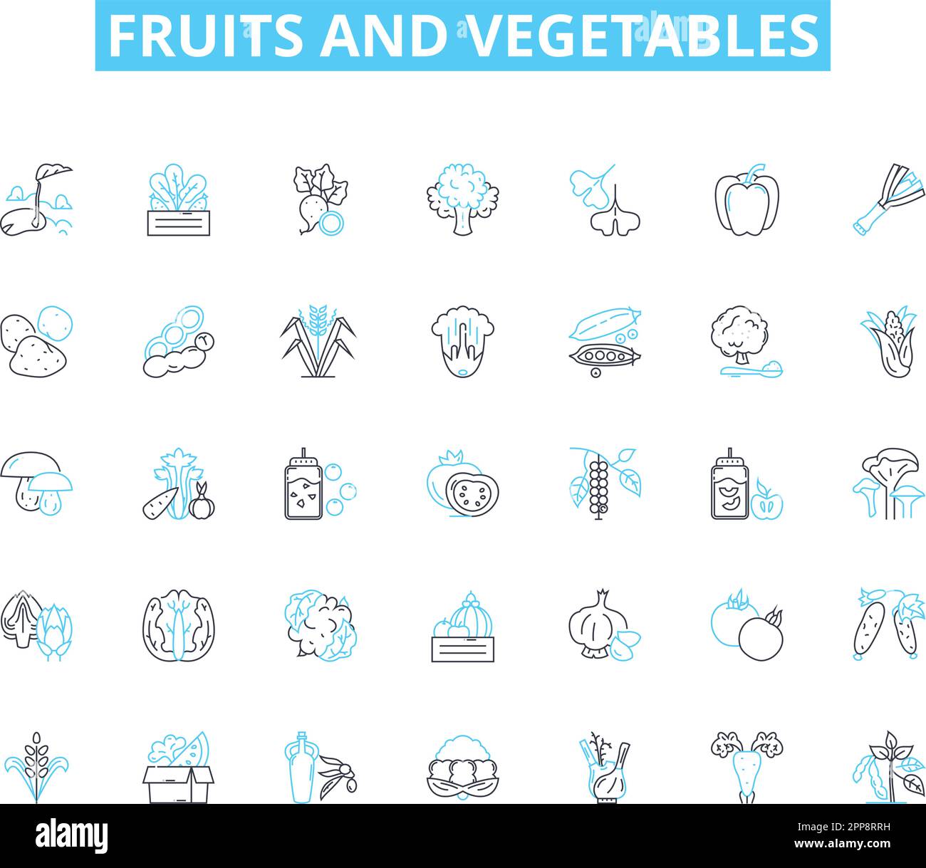 Fruits and vegetables linear icons set. Apples, Oranges, Bananas, Kiwis ...
