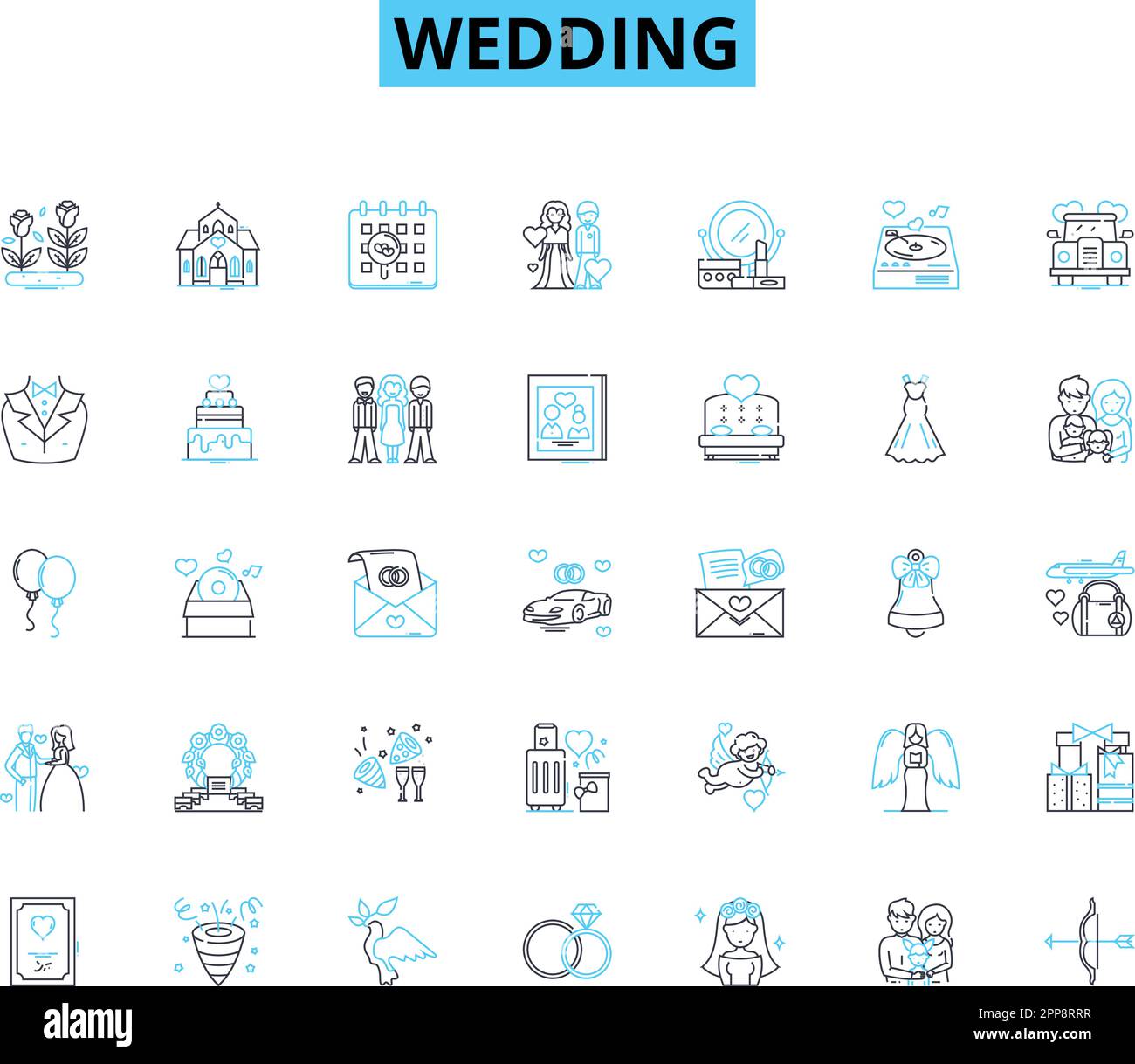 Wedding linear icons set. Love, Rings, Vows, Flowers, Dress, Cake ...