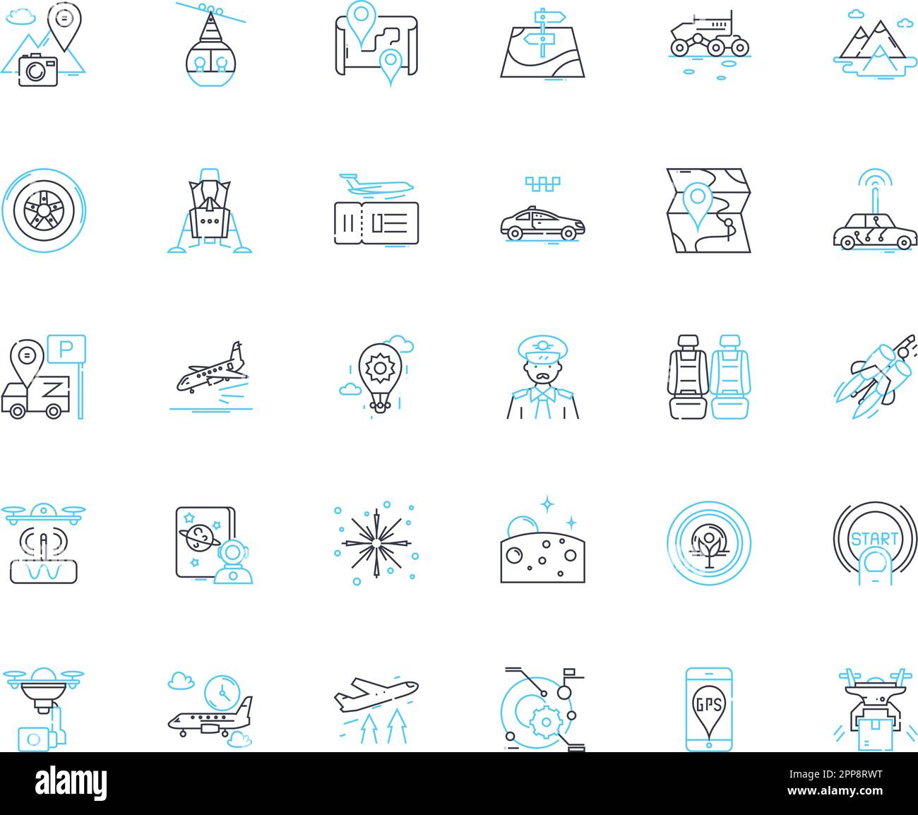 Flight linear icons set. Takeoff, Landing, Pilots, Passengers, Airline, Planes, Sky line vector ...