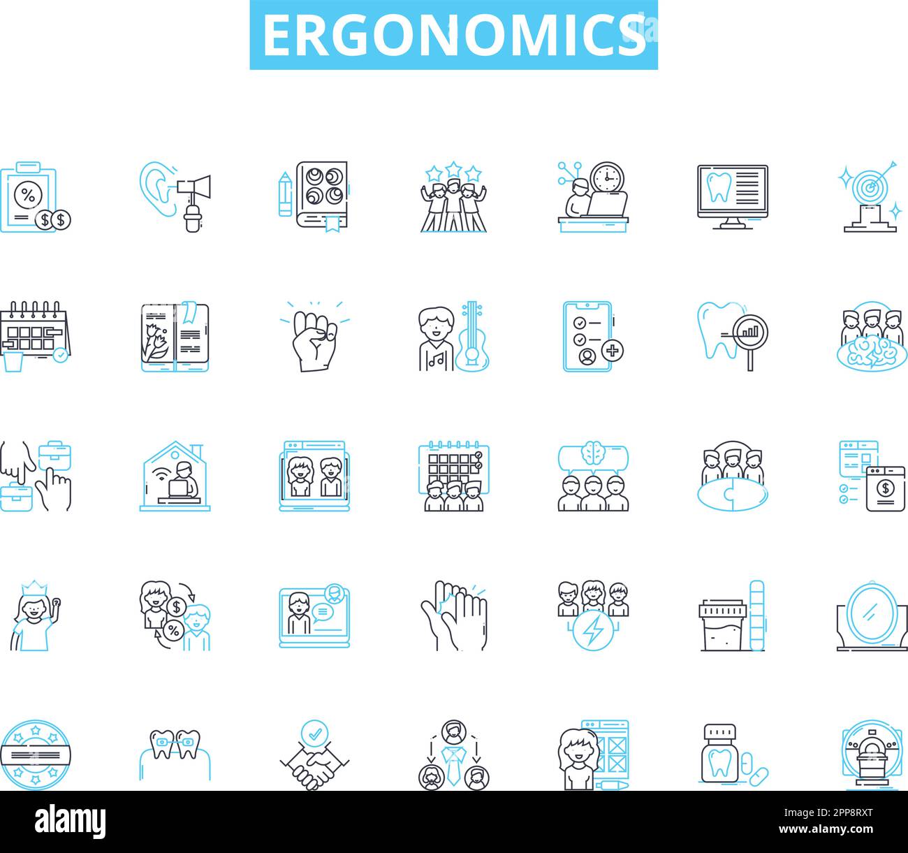 Ergonomics linear icons set. Comfort, Posture, Health, Efficiency ... Ergonomics linear icons set. Comfort, Posture, Health, Efficiency ...