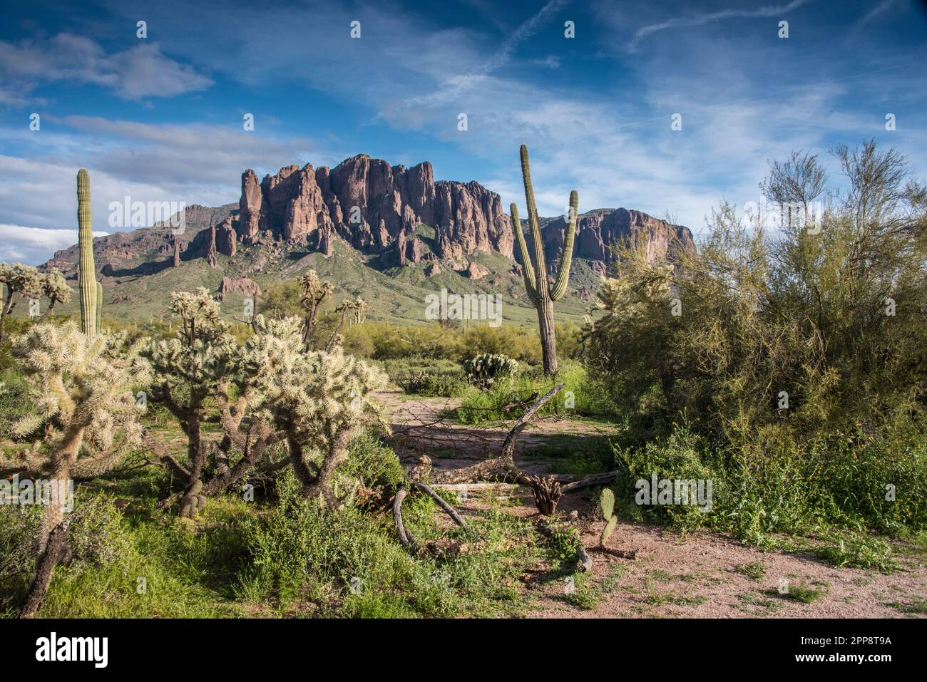 Scenic vista of Superstition Mountains at Lost Dutchman State Park ...