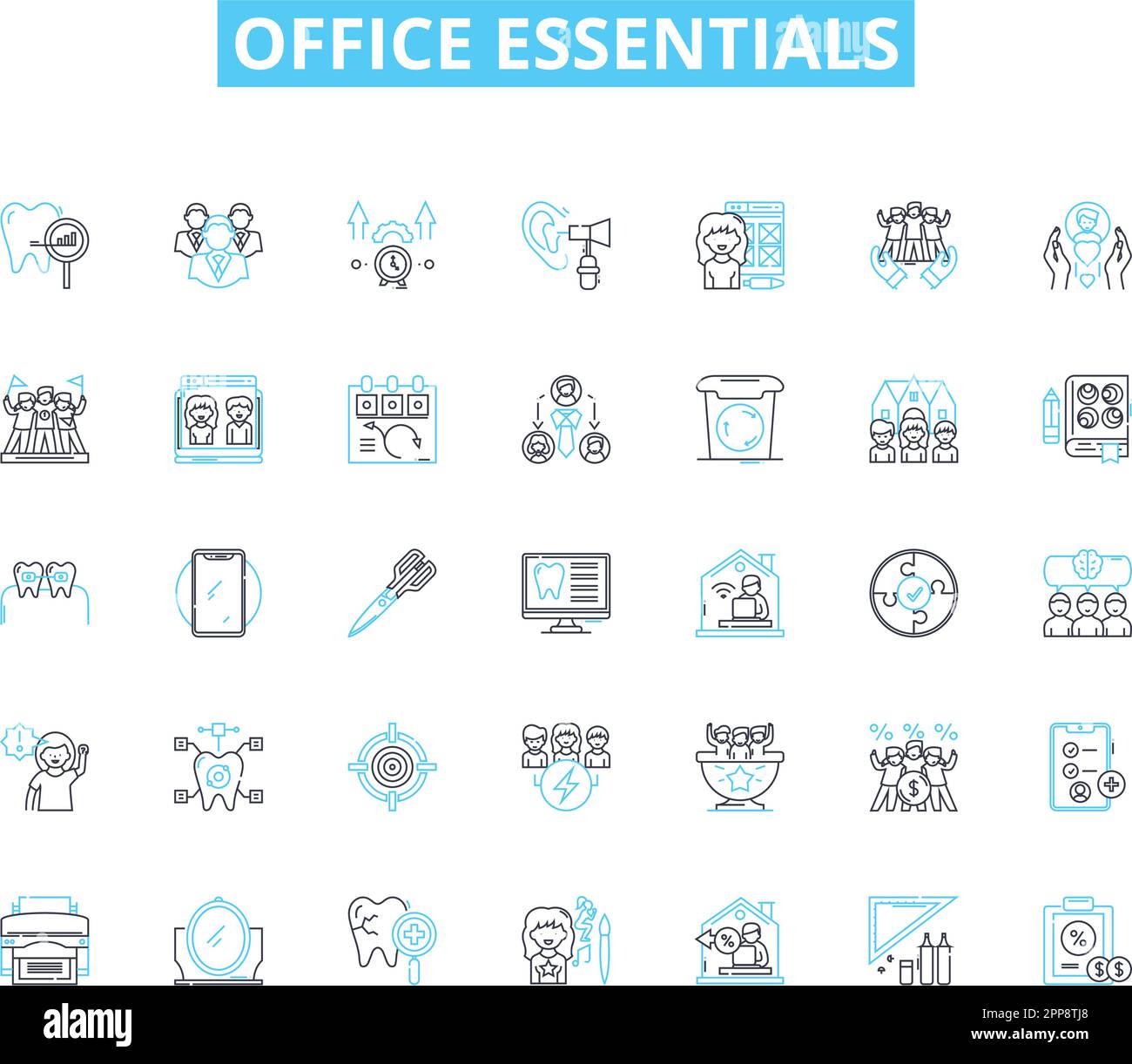 Office essentials linear icons set. Desk, Chair, Computer, Pen ...