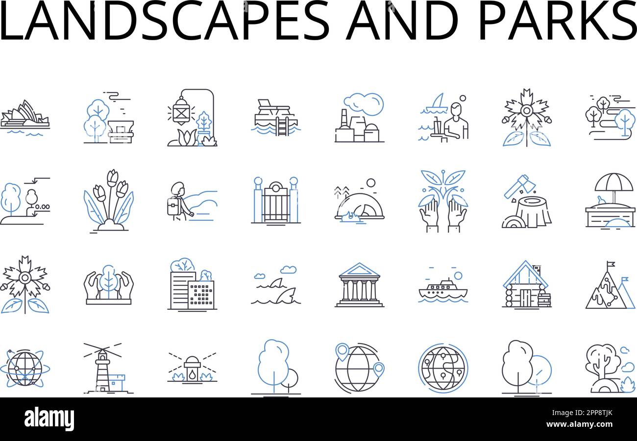 Landscapes and parks line icons collection. Oceans and beaches ...