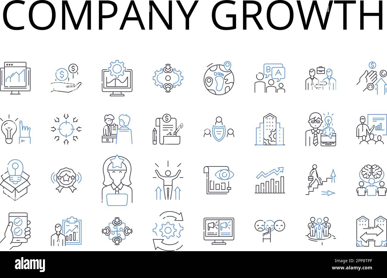 Company growth line icons collection. Business expansion, Corporate development, Organization ...