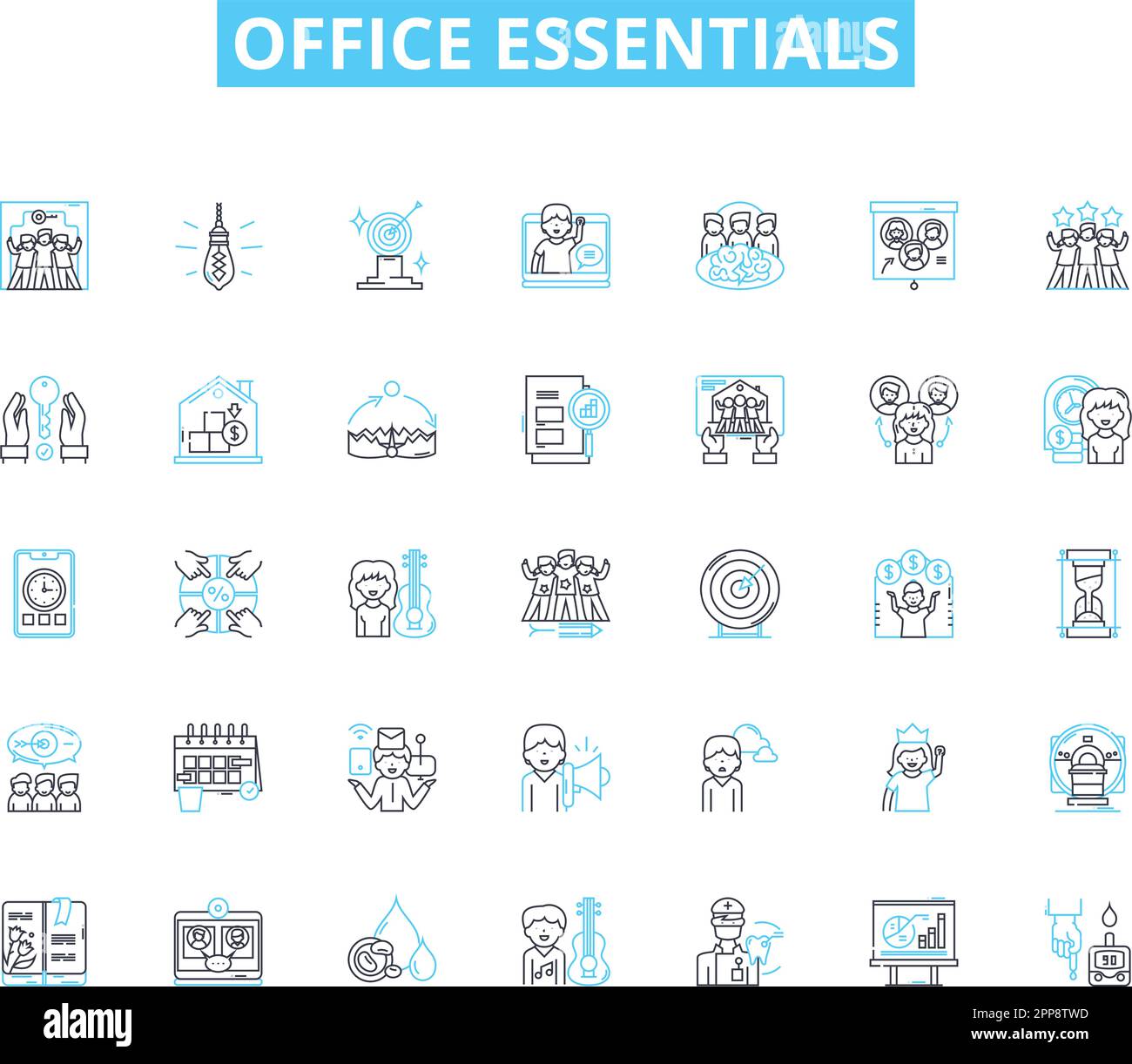 Office essentials linear icons set. Desk, Chair, Computer, Pen ...